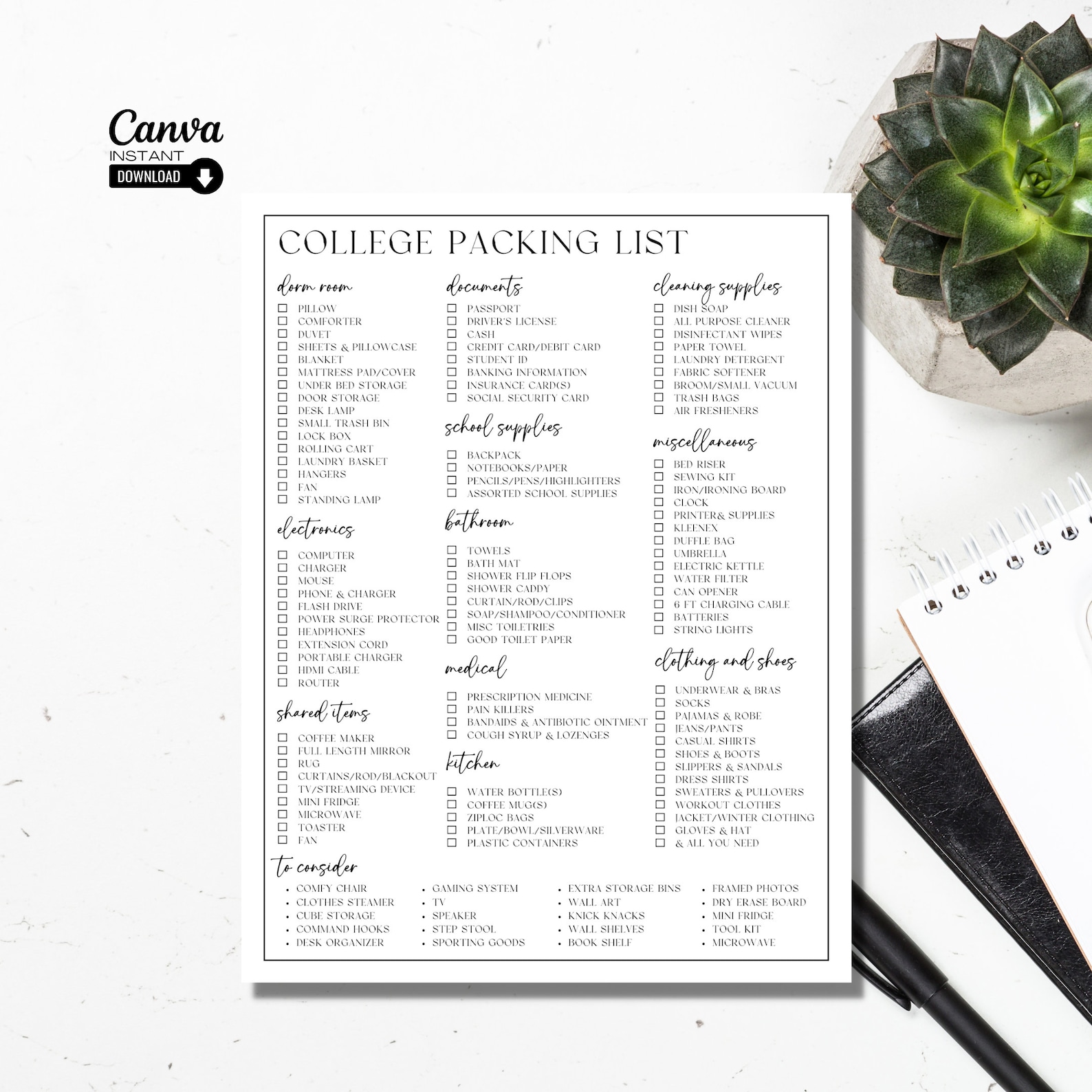 Editable College Packing List: Printable Dorm Essentials Checklist ...
