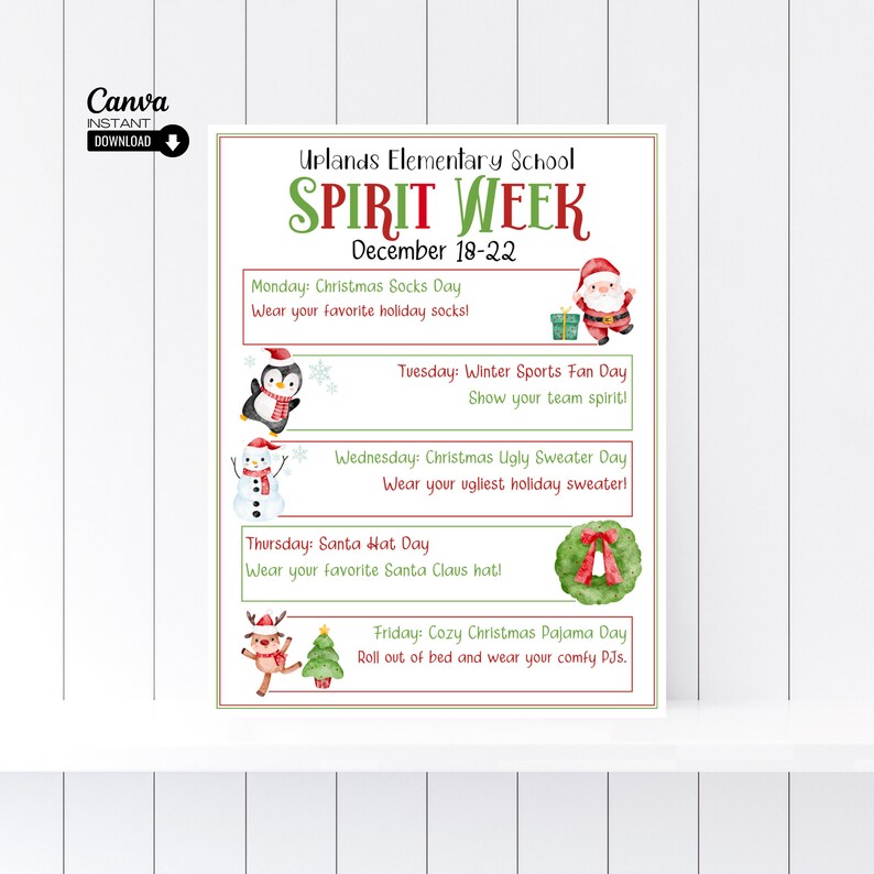 Christmas School Spirit Week Flyer: Editable Holiday Schedule (digital ...
