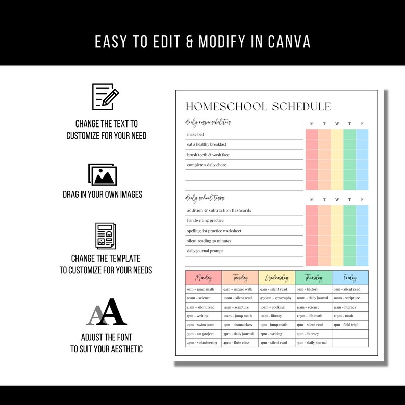 Editable Homeschool Checklist: Daily Schedule Template (canva & PDF) - Etsy