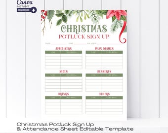 Holiday Party Christmas Potluck Sign up Sheet Printable Food Sign up ...