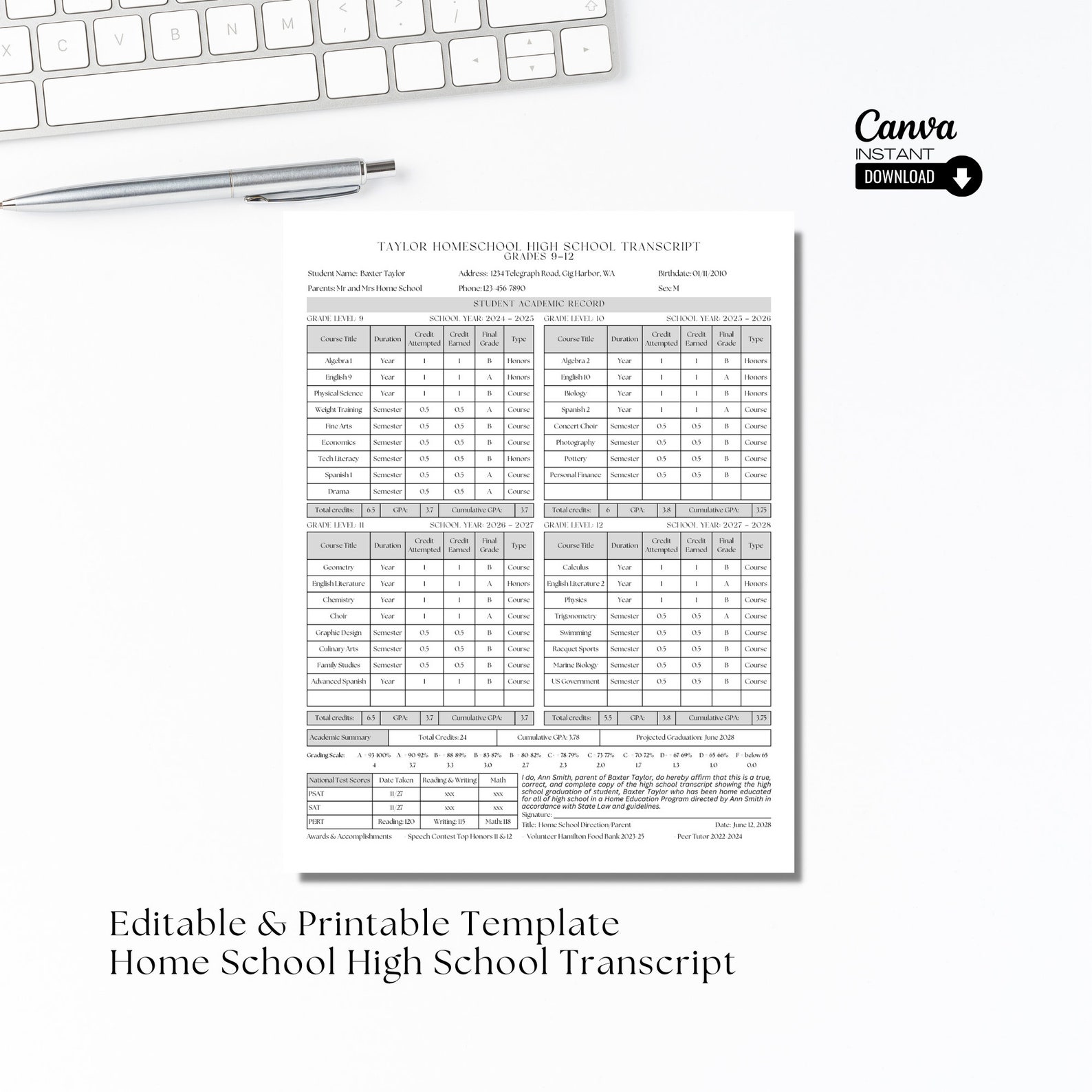 Editable Homeschool High School Transcript Template (digital Download ...