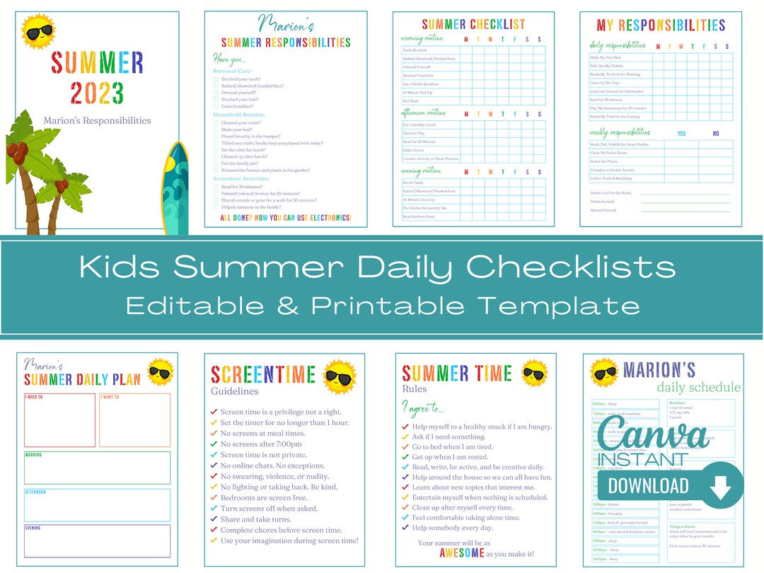 Editable Summer Daily Checklist for Kids Printable Kids - Etsy