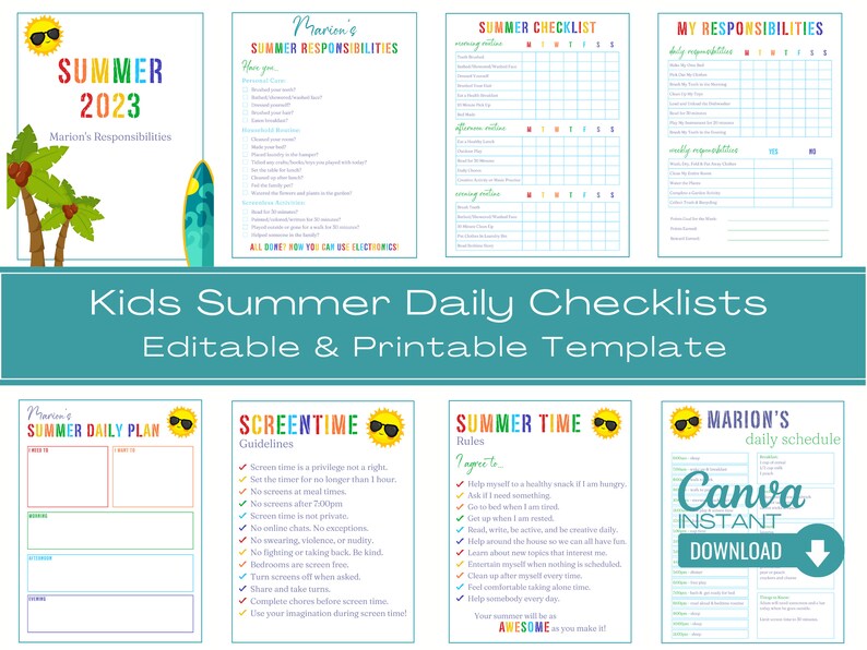 Editable Summer Daily Checklist for Kids Printable Kids - Etsy