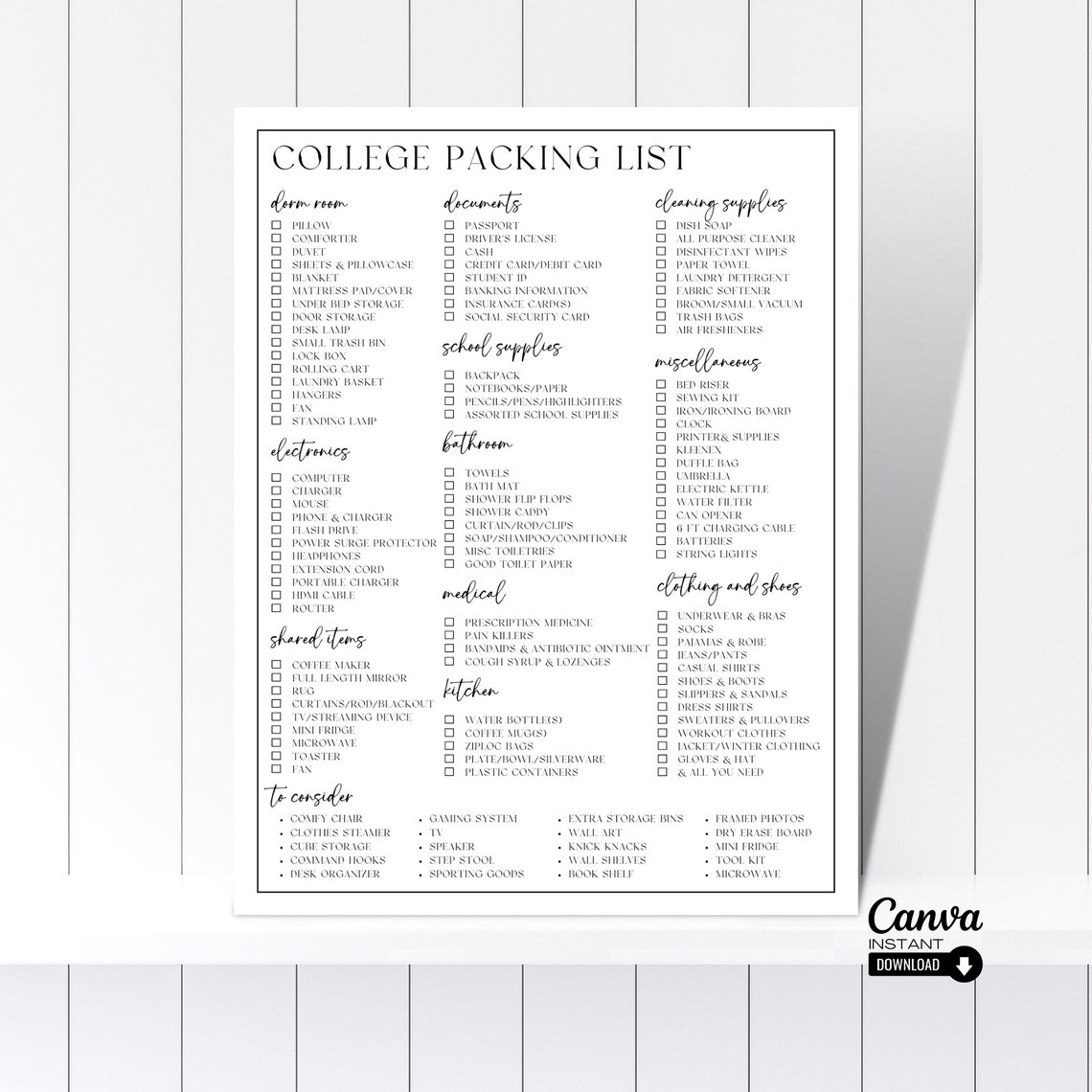 Editable College Packing List Template, Back to School Moving List ...