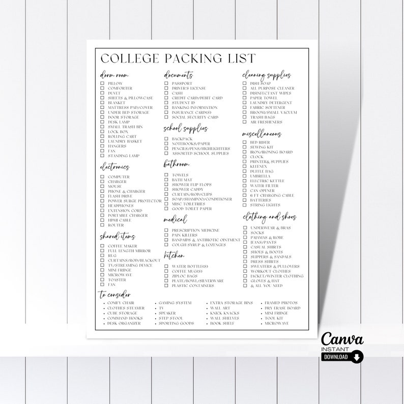 Editable College Packing List Template, Back to School Moving List ...