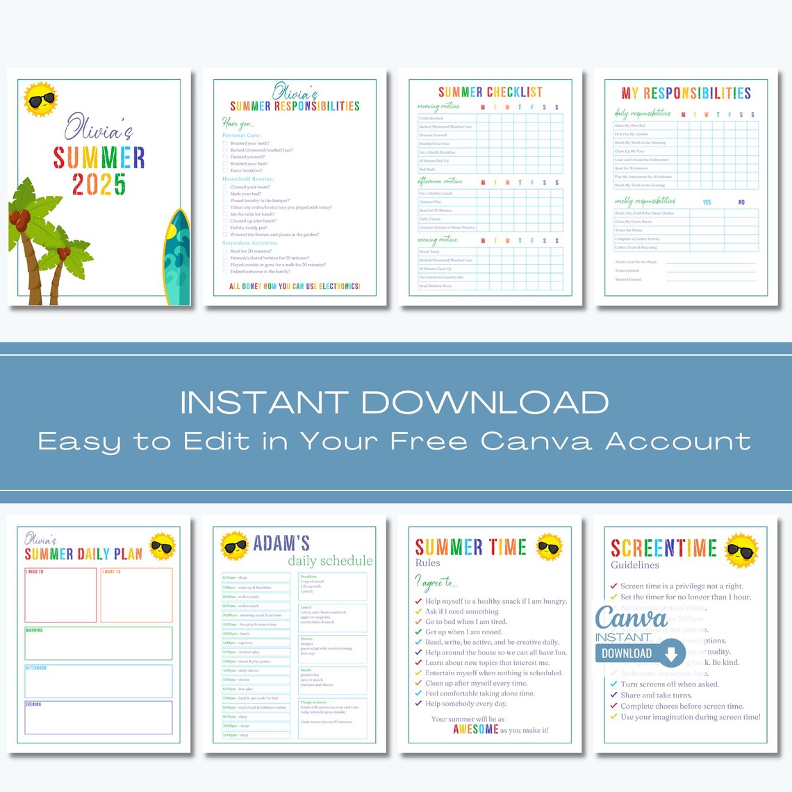 Editable Summer Daily Checklist for Kids, Printable Kids Routine Chart ...