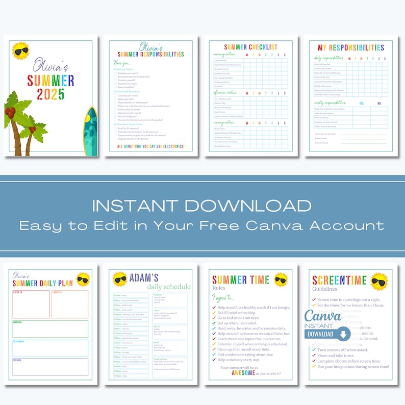 Editable Summer Daily Checklist for Kids, Printable Kids Routine Chart ...
