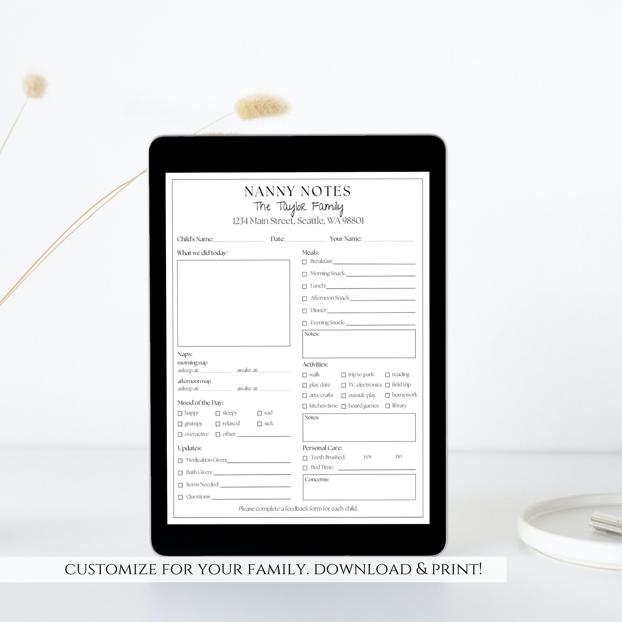 Nanny Notes, Editable Babysitter Notes, Printable Nanny Log, Babysitter ...