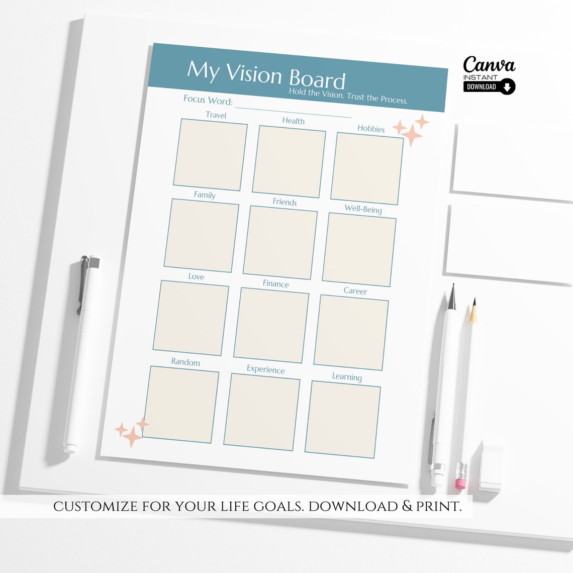 Editable Vision Board Template, Printable Vision Board, Digital Vision ...