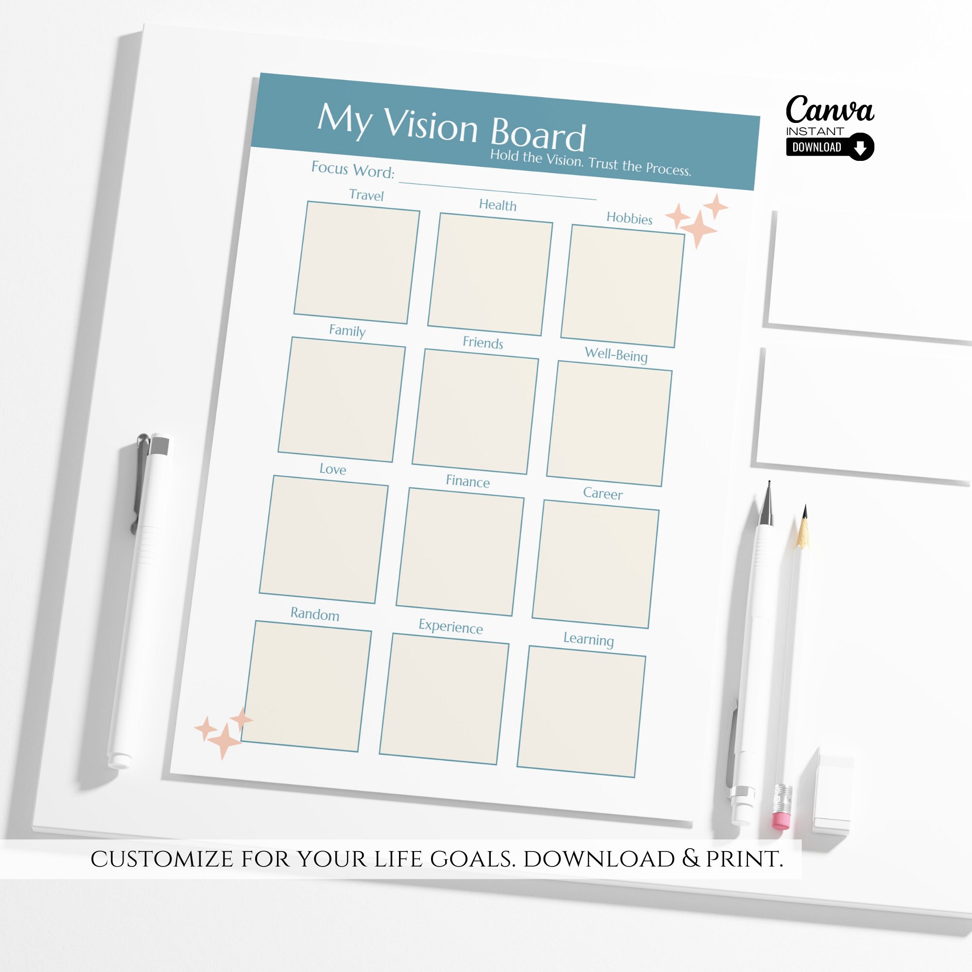 Editable Vision Board Template, Printable Vision Board, Digital Vision ...