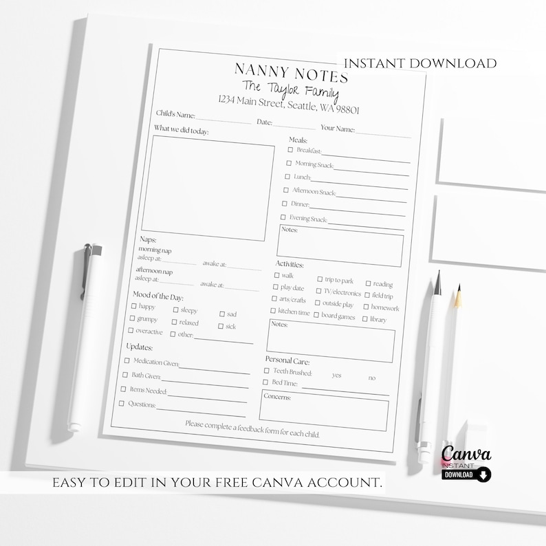 Nanny Notes Printable, Editable Babysitter Notes Form, Nanny Log ...