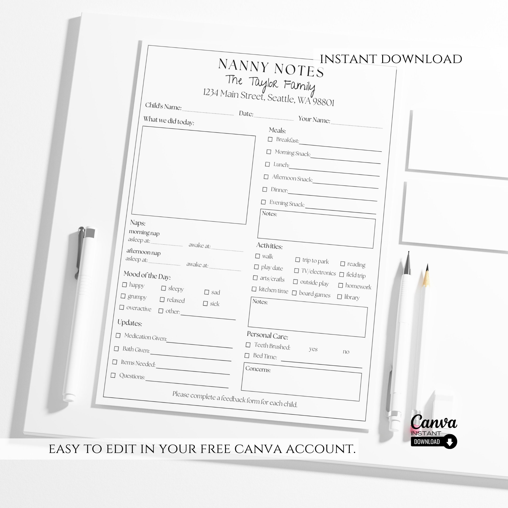 Editable Nanny Notes Printable, Babysitter Report Template (digital ...