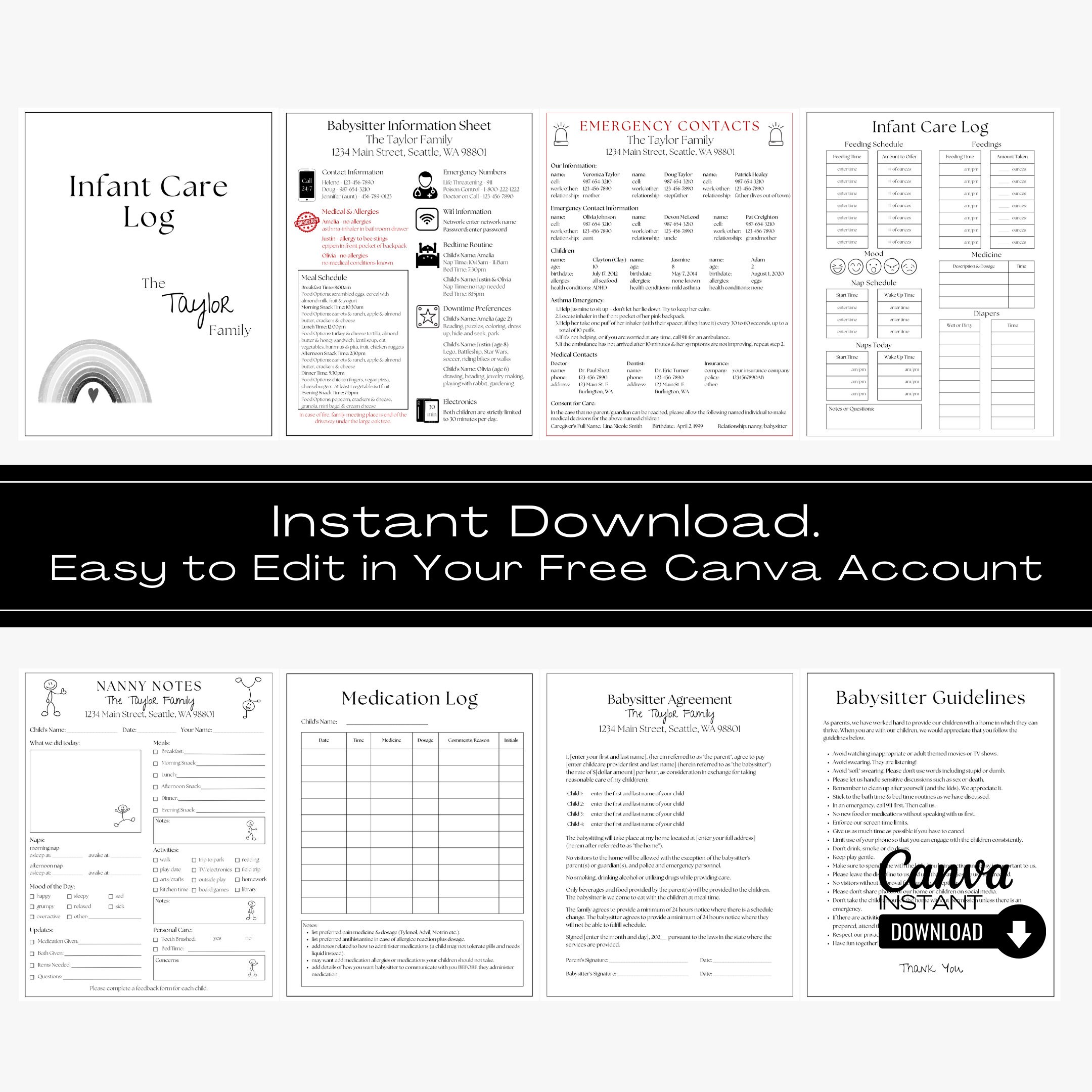 Editable Baby Care Log: Nanny Notes, Babysitter Forms (instant Download ...