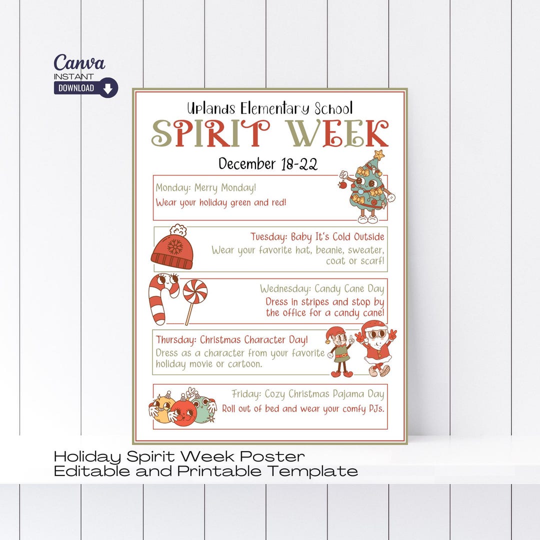 Editable Christmas School Spirit Week Flyer Template, Printable Holiday ...