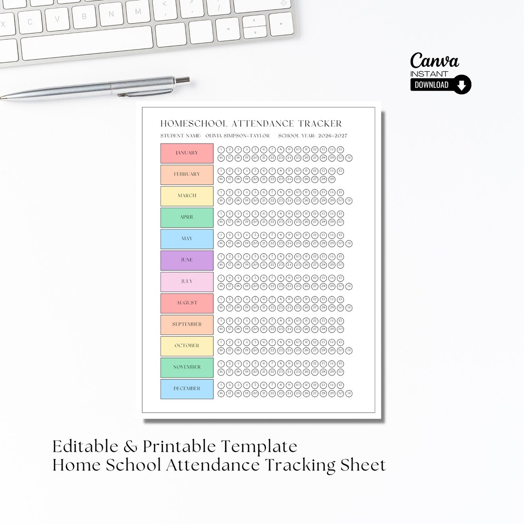Editable Homeschool Attendance Log Template, Printable Home School ...