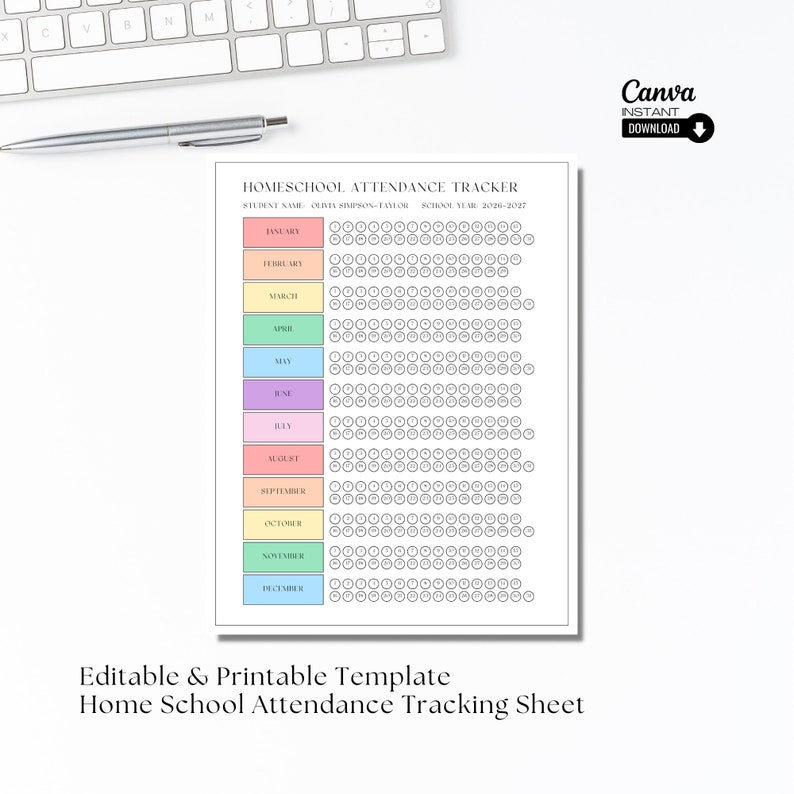 Editable Homeschool Attendance Log Template, Printable Home School ...