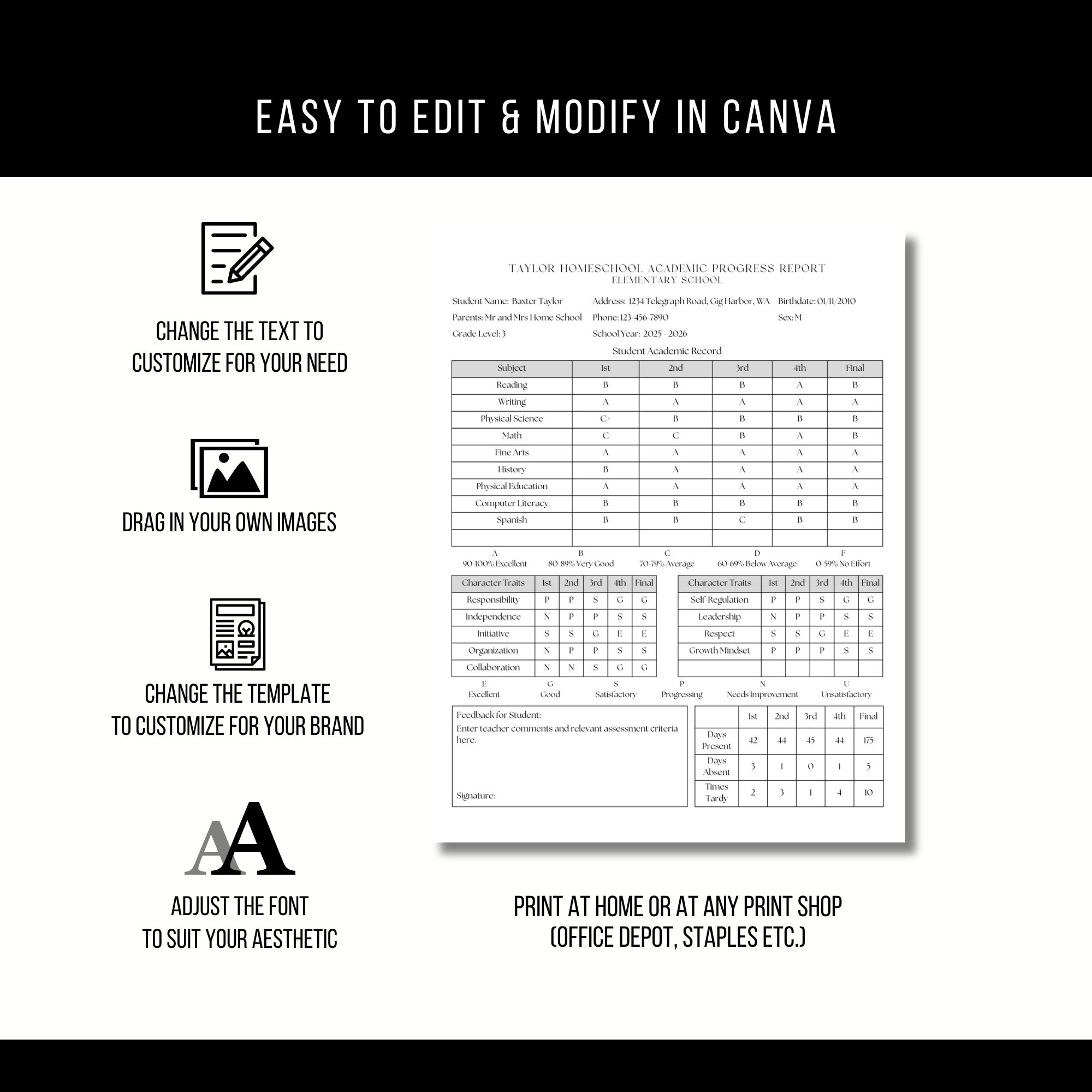 Editable Homeschool Report Card Template: Fillable Academic Record (digital Download) - Etsy