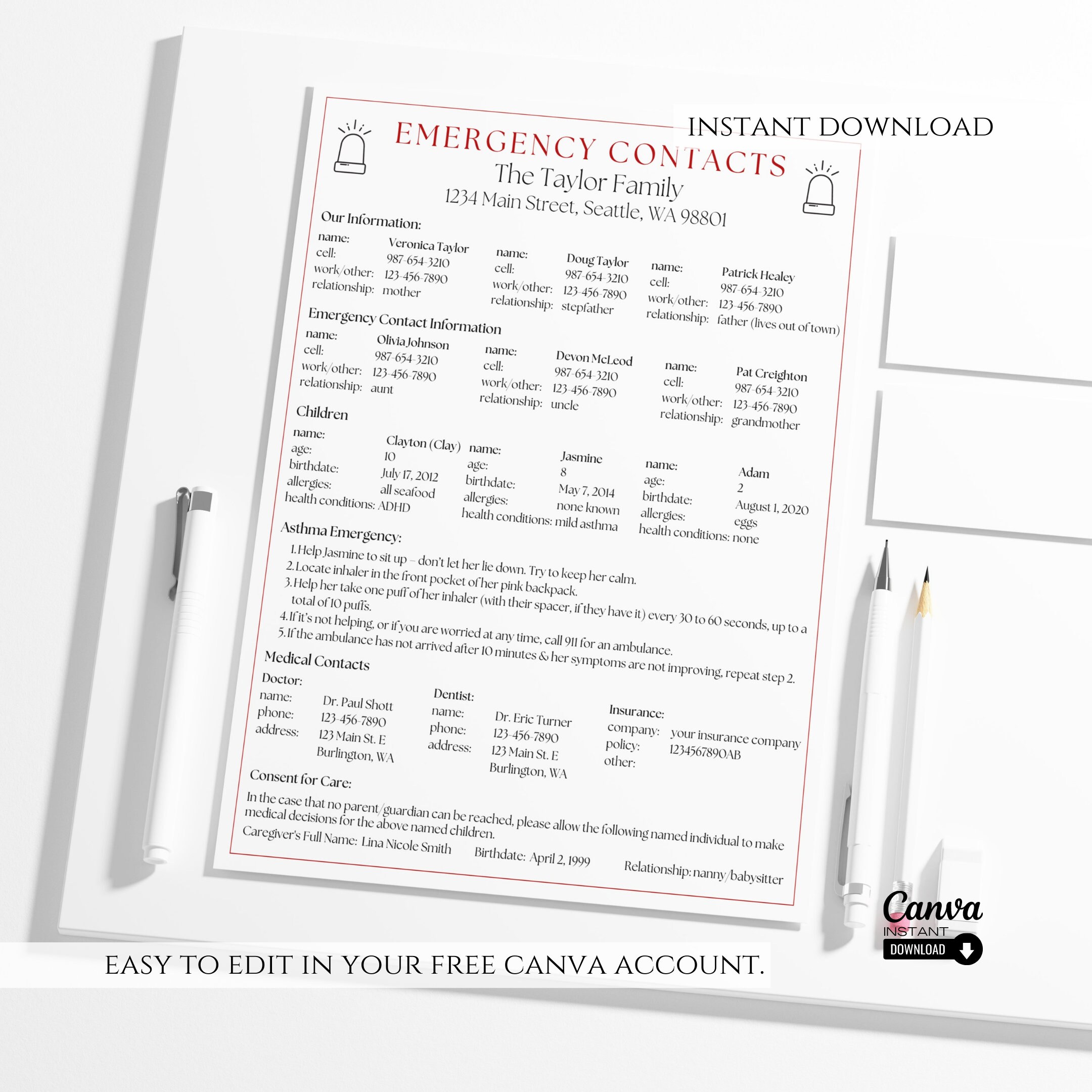 Editable Emergency Contact Sheet, Babysitter Information Sheet ...