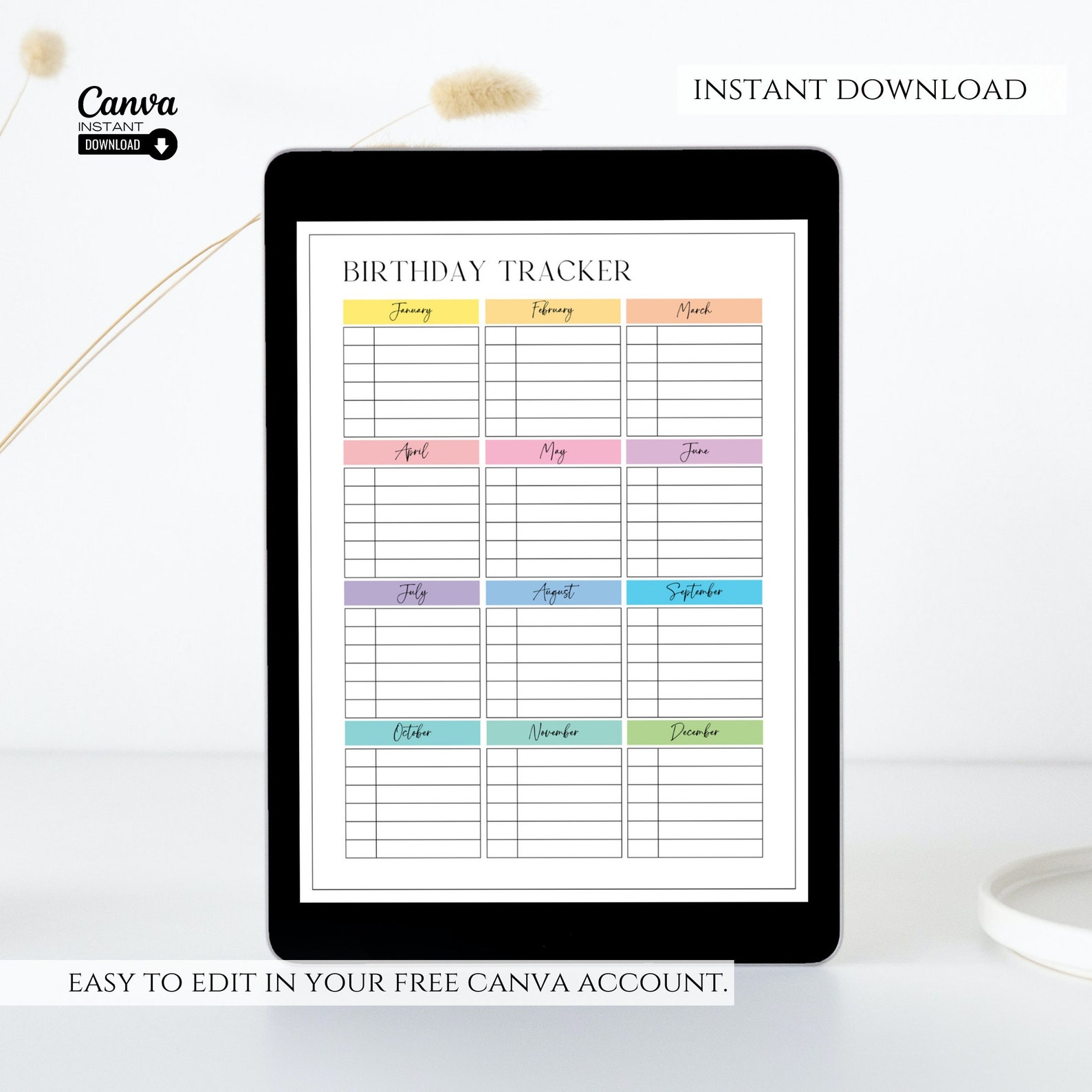 Editable Birthday Tracker Template: Printable Reminder Sheet (digital ...