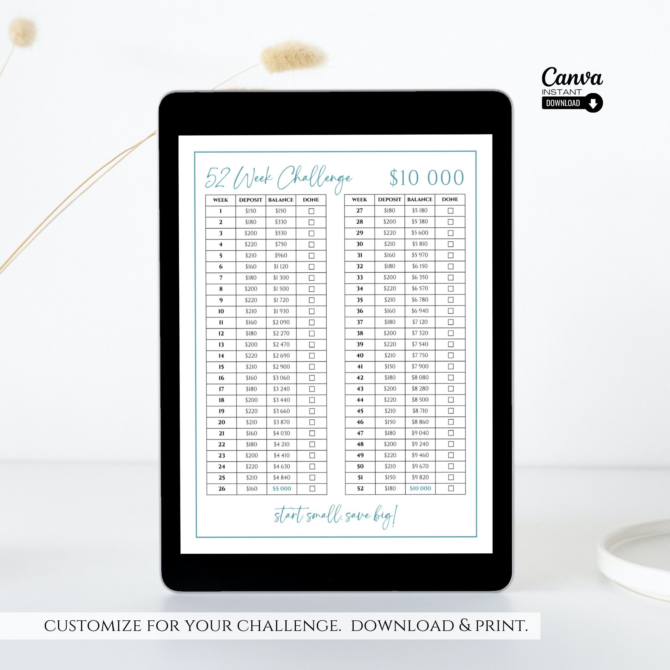 Editable 52 Week Savings Challenge Template, Printable Budgeting ...