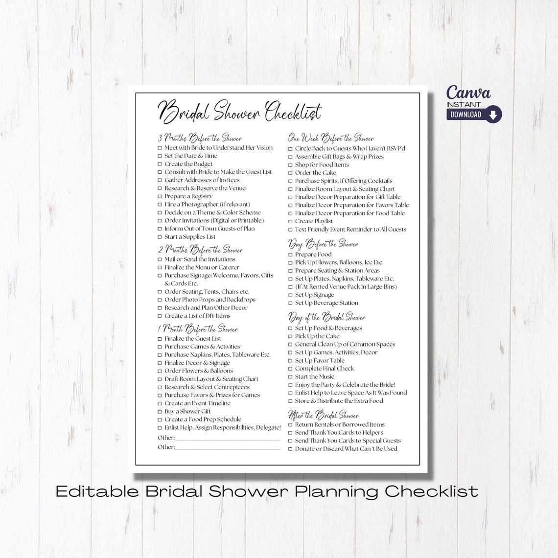 Editable Bridal Shower Planning Checklist Template, Printable Wedding ...