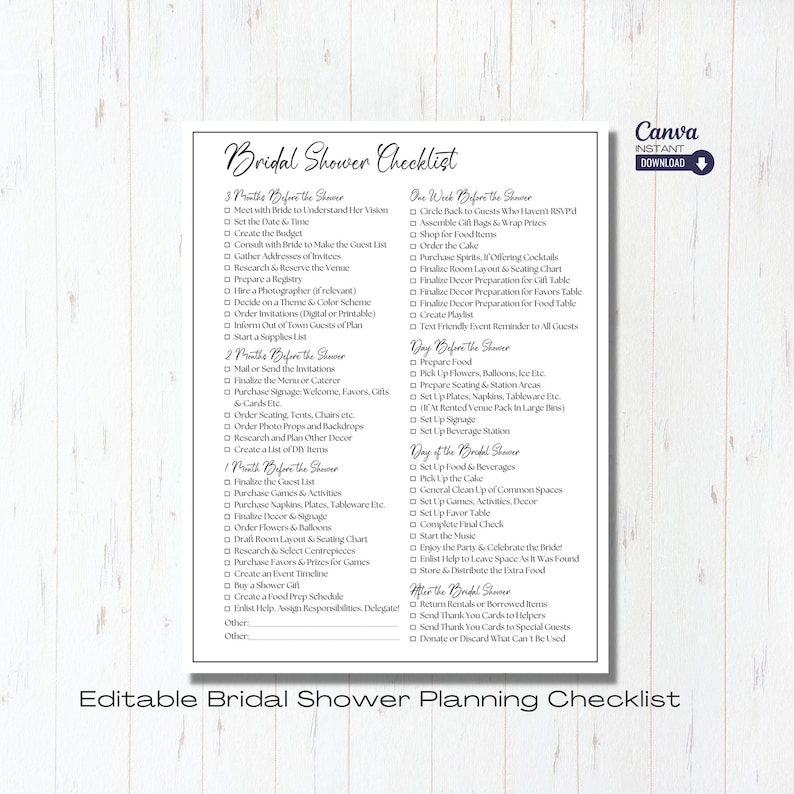 Editable Bridal Shower Planning Checklist (PDF Template) - Etsy
