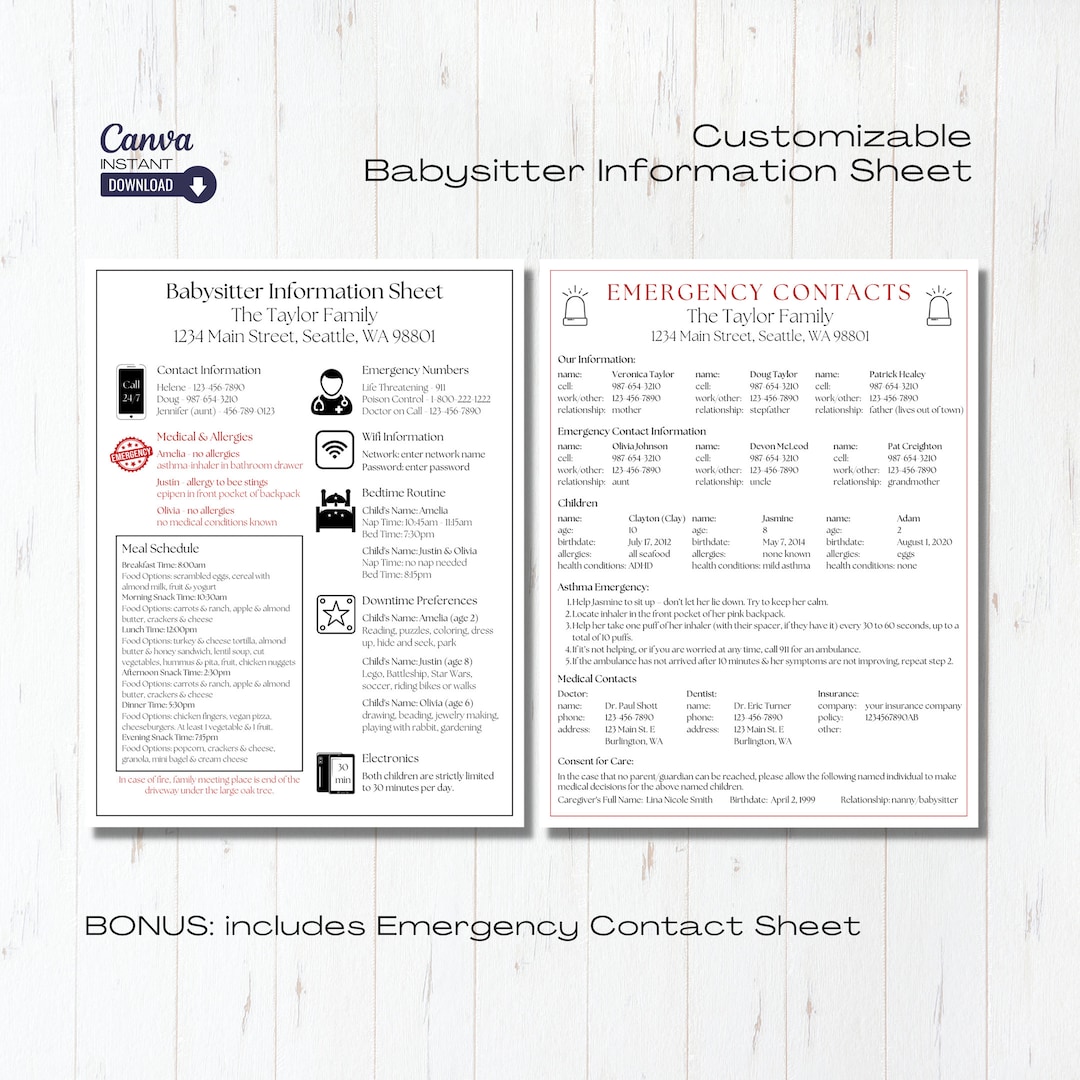 Babysitter Info Sheet, Editable Emergency Contact Information Page ...