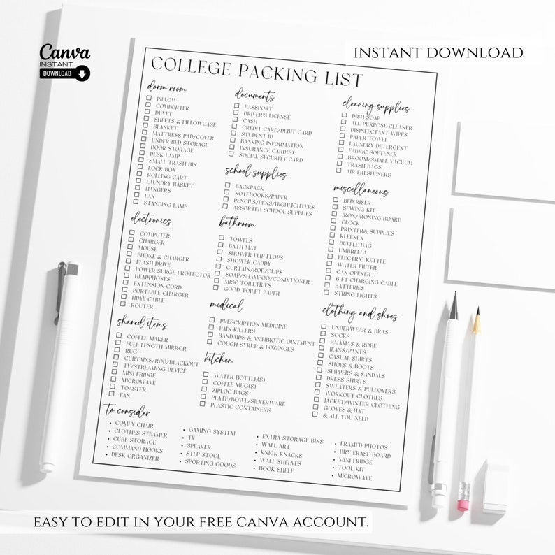 Editable College Packing List Template, Back to School Moving List ...