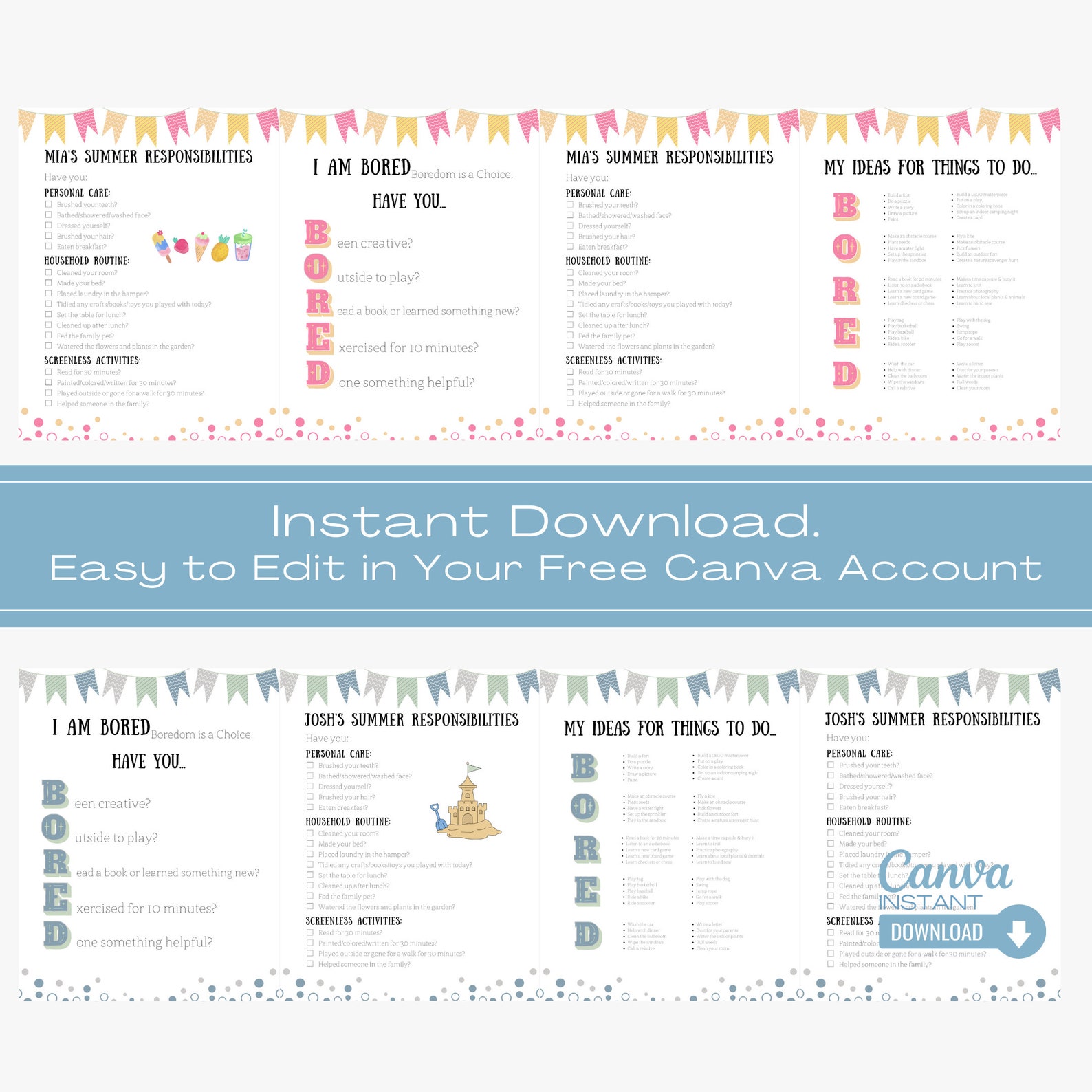 Kids Summer Chore and Activity Chart, Summer Rules Printable, Editable ...
