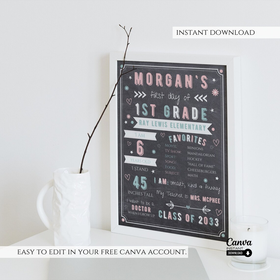 Printable First Day of School Sign, Back to School Chalkboard Sign ...