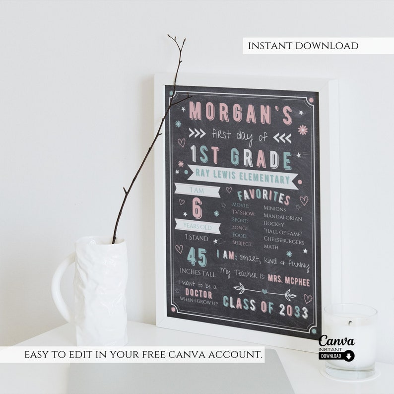 Printable First Day of School Sign, Back to School Chalkboard Sign ...