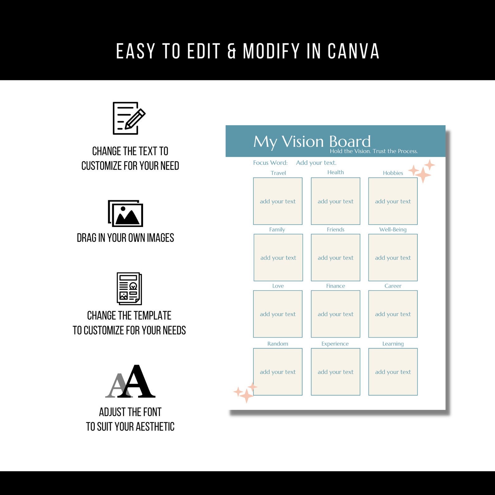 Editable Vision Board Template, Printable Vision Board, Digital Vision ...