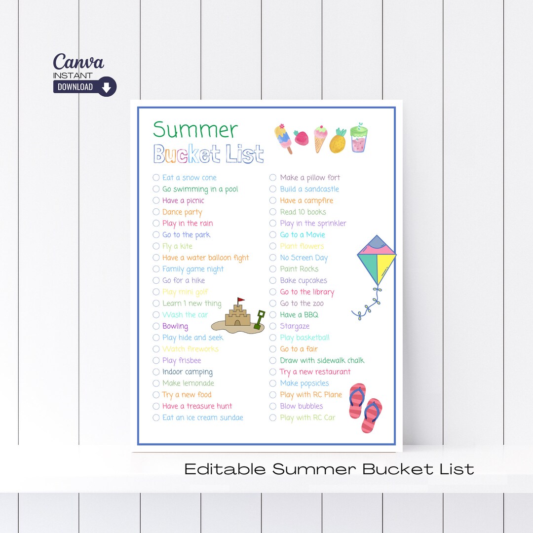 Editable Summer Bucket List, Printable Summer to Do List, Summer ...