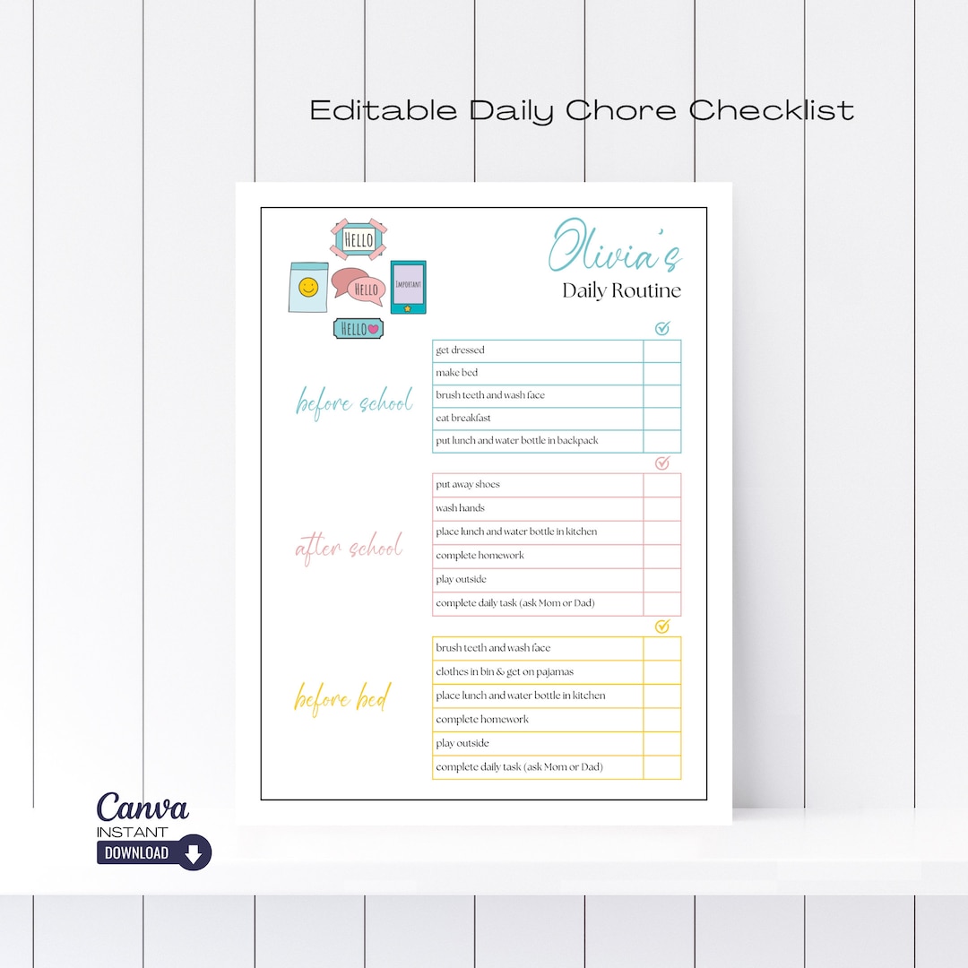 Editable Daily Routine Checklist for Kids, Printable Before and After ...