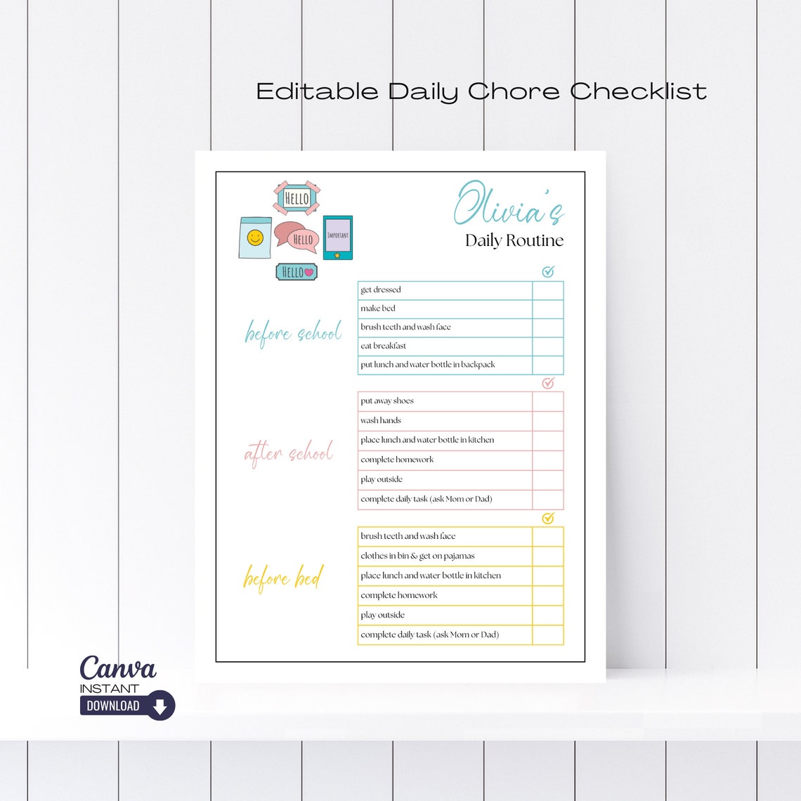Editable Daily Routine Checklist for Kids, Printable Before and After ...