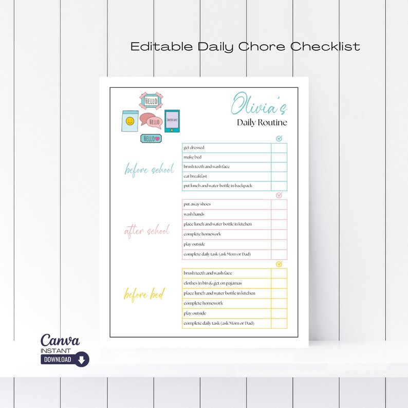 Editable Daily Routine Checklist for Kids, Printable Before and After ...