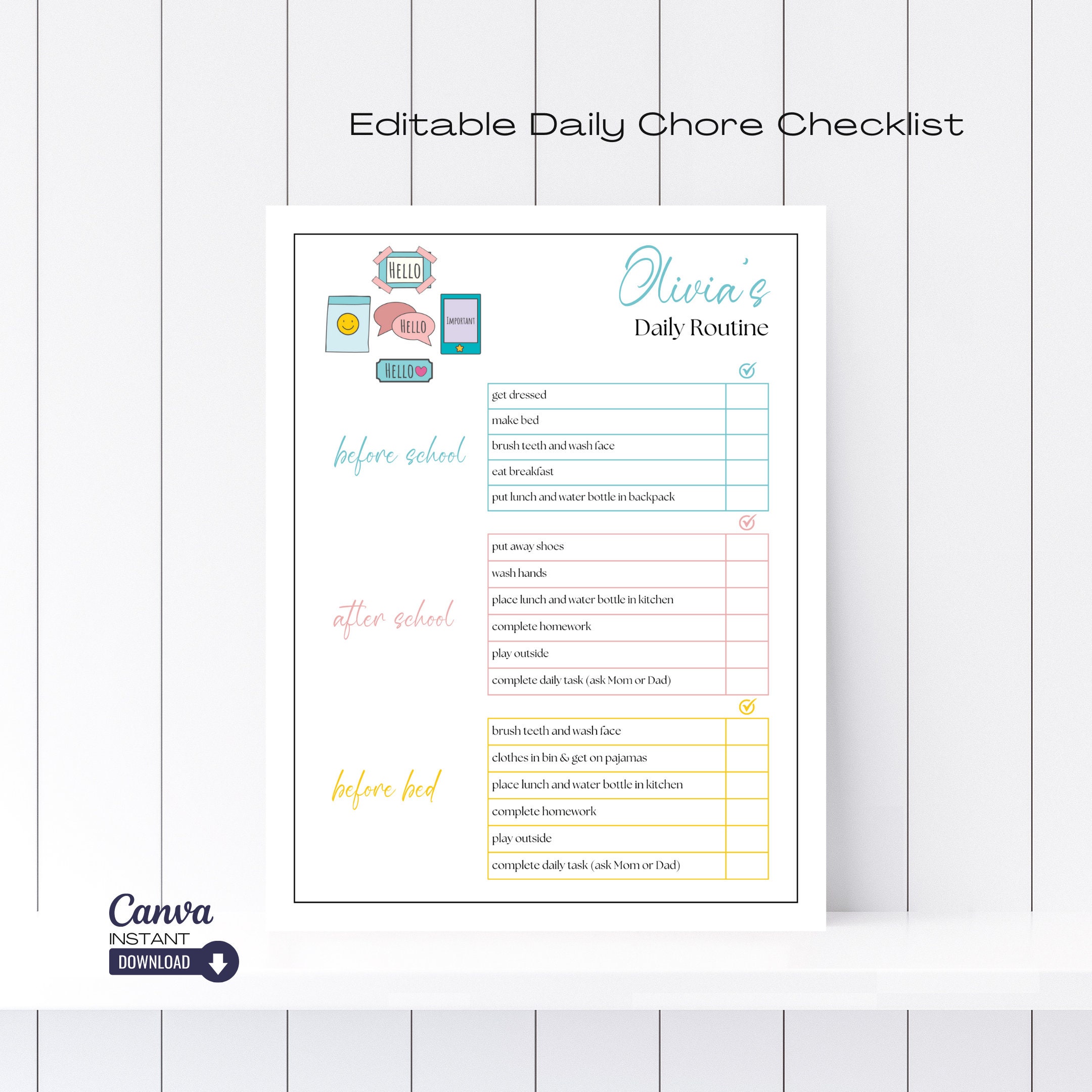 Editable Daily Routine Checklist for Kids, Printable Before and After ...