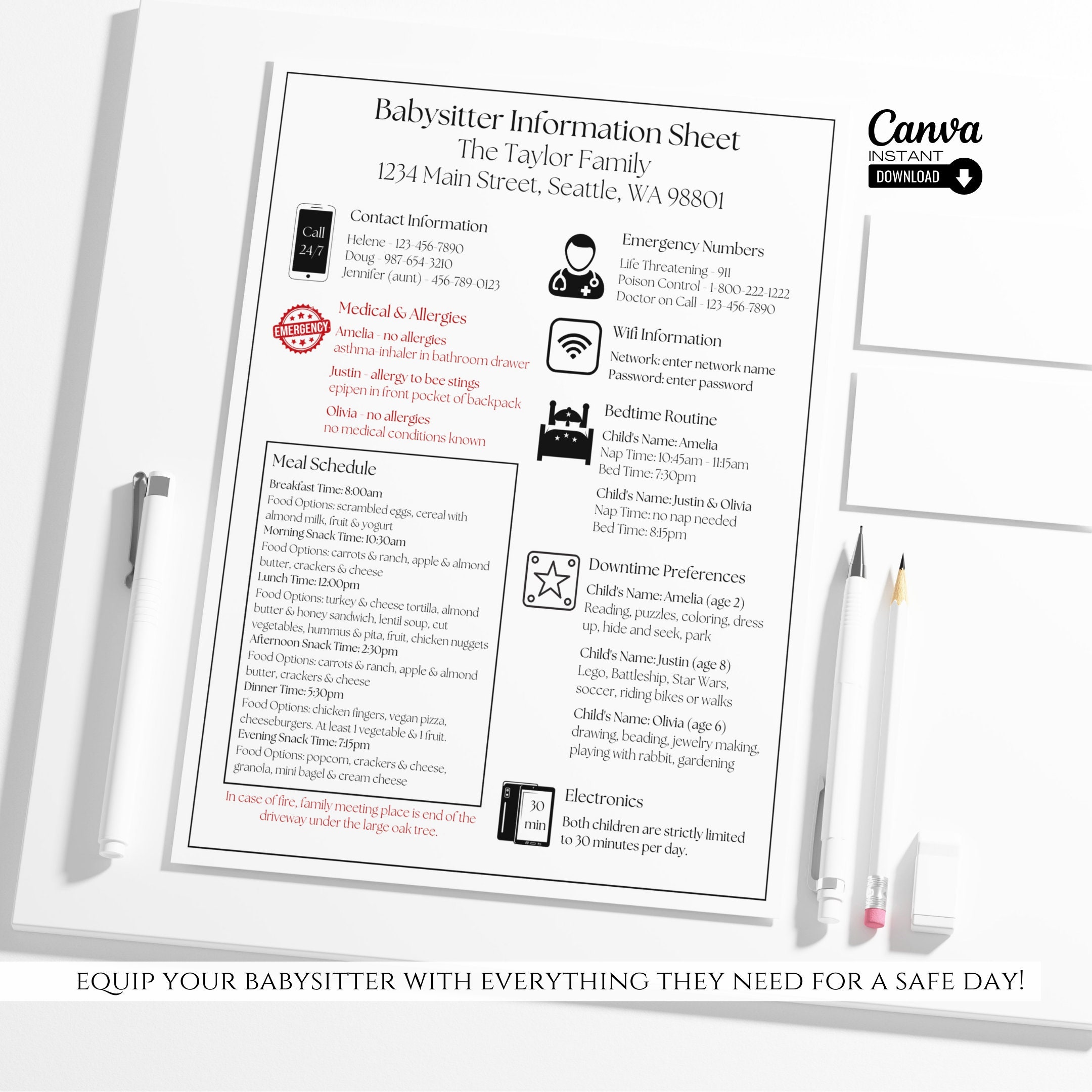 Babysitter Info Sheet, Editable Emergency Contact Information Page ...