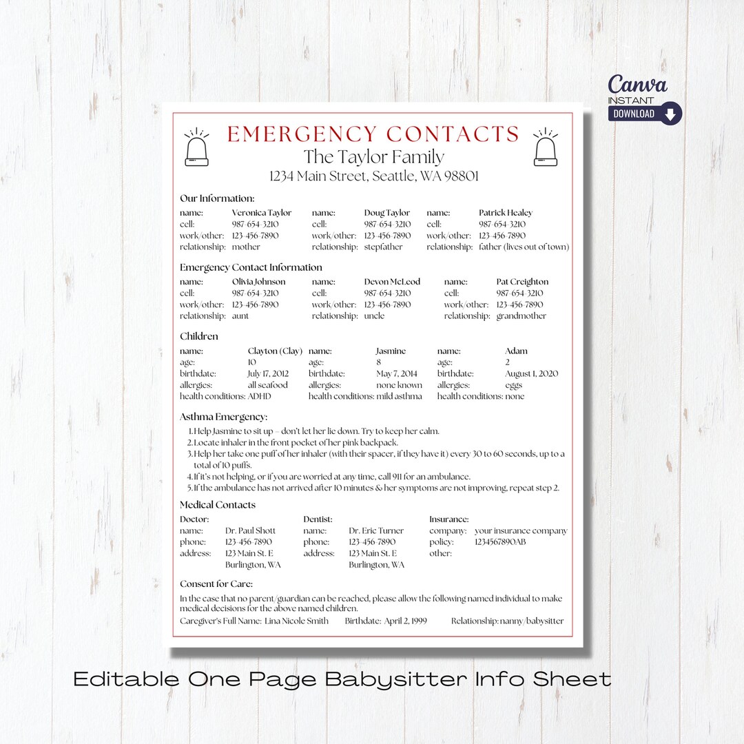 Editable Childcare Notes Printable Babysitter Important Info - Etsy
