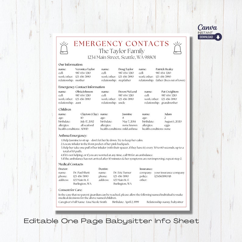 Editable Childcare Notes Printable Babysitter Important Info - Etsy