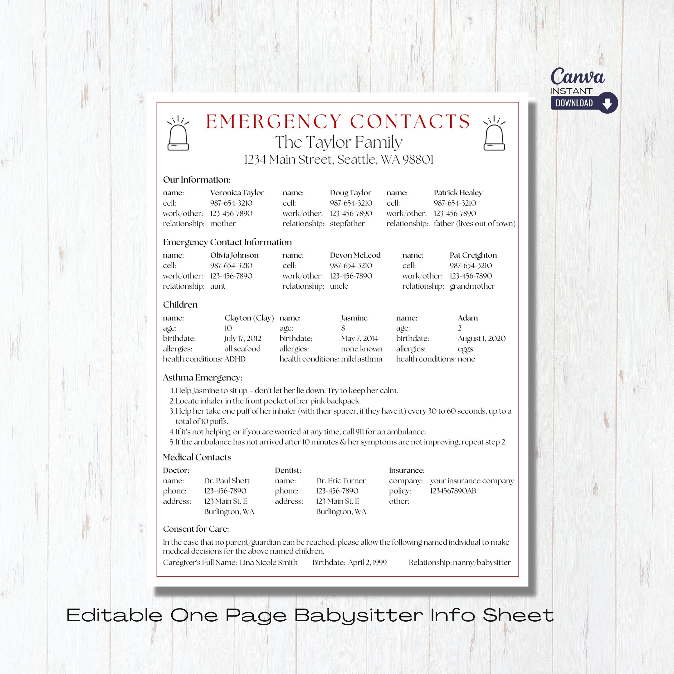 Editable Childcare Notes Printable Babysitter Important Info - Etsy