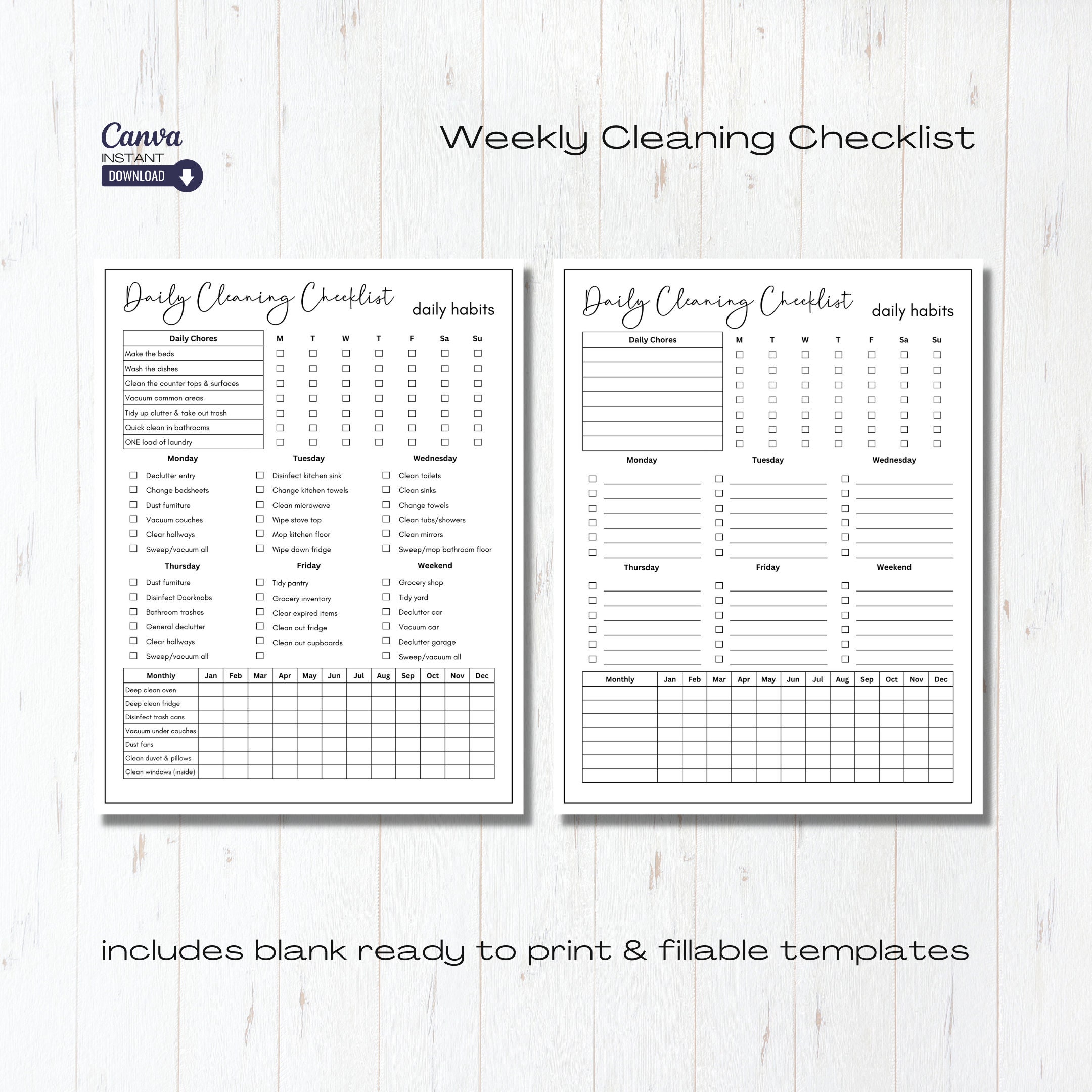 Editable Cleaning Checklist Planner, Printable Daily and Weekly Chore ...