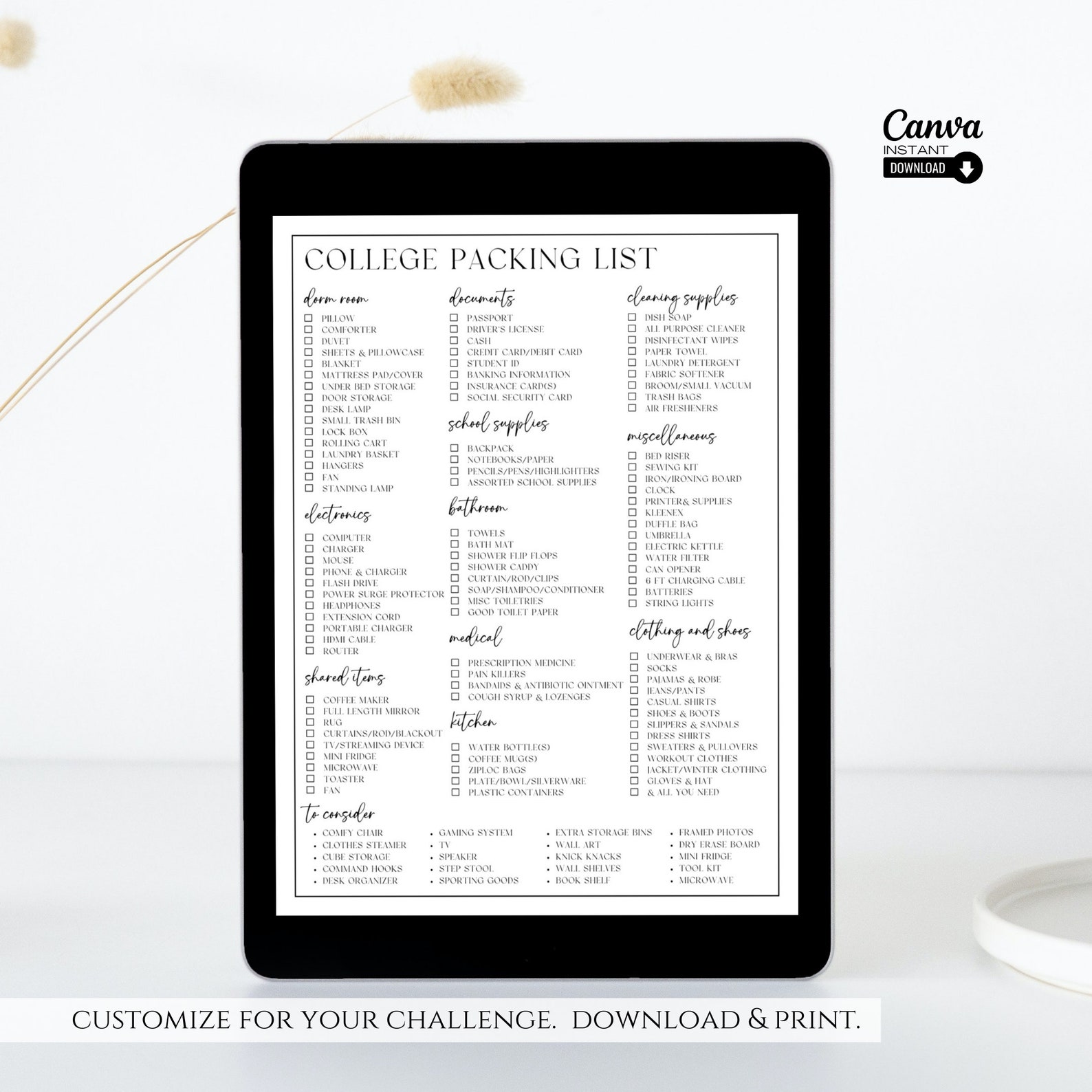 Editable College Packing List: Printable Dorm Essentials Checklist ...