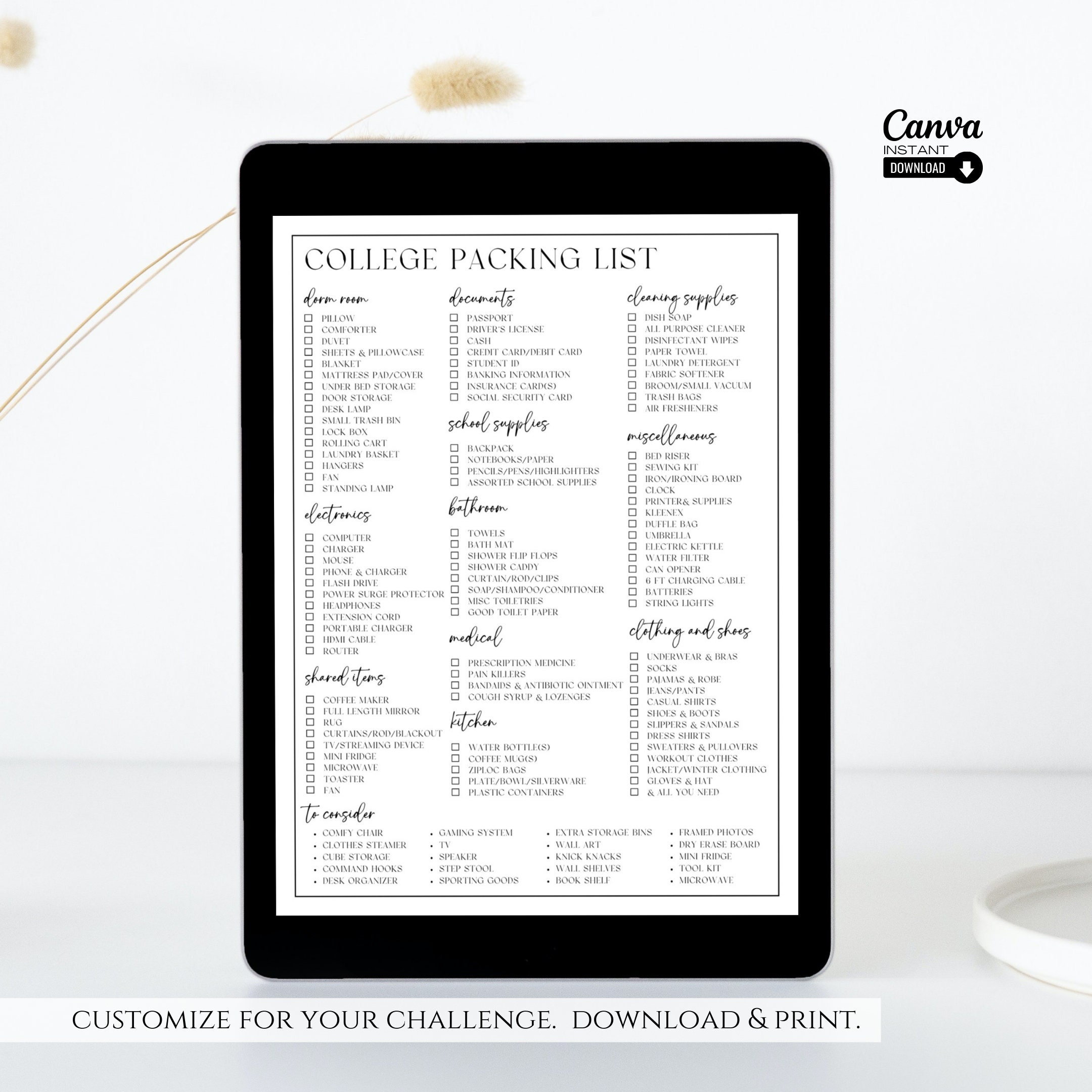 Editable College Packing List: Printable Dorm Essentials Checklist ...