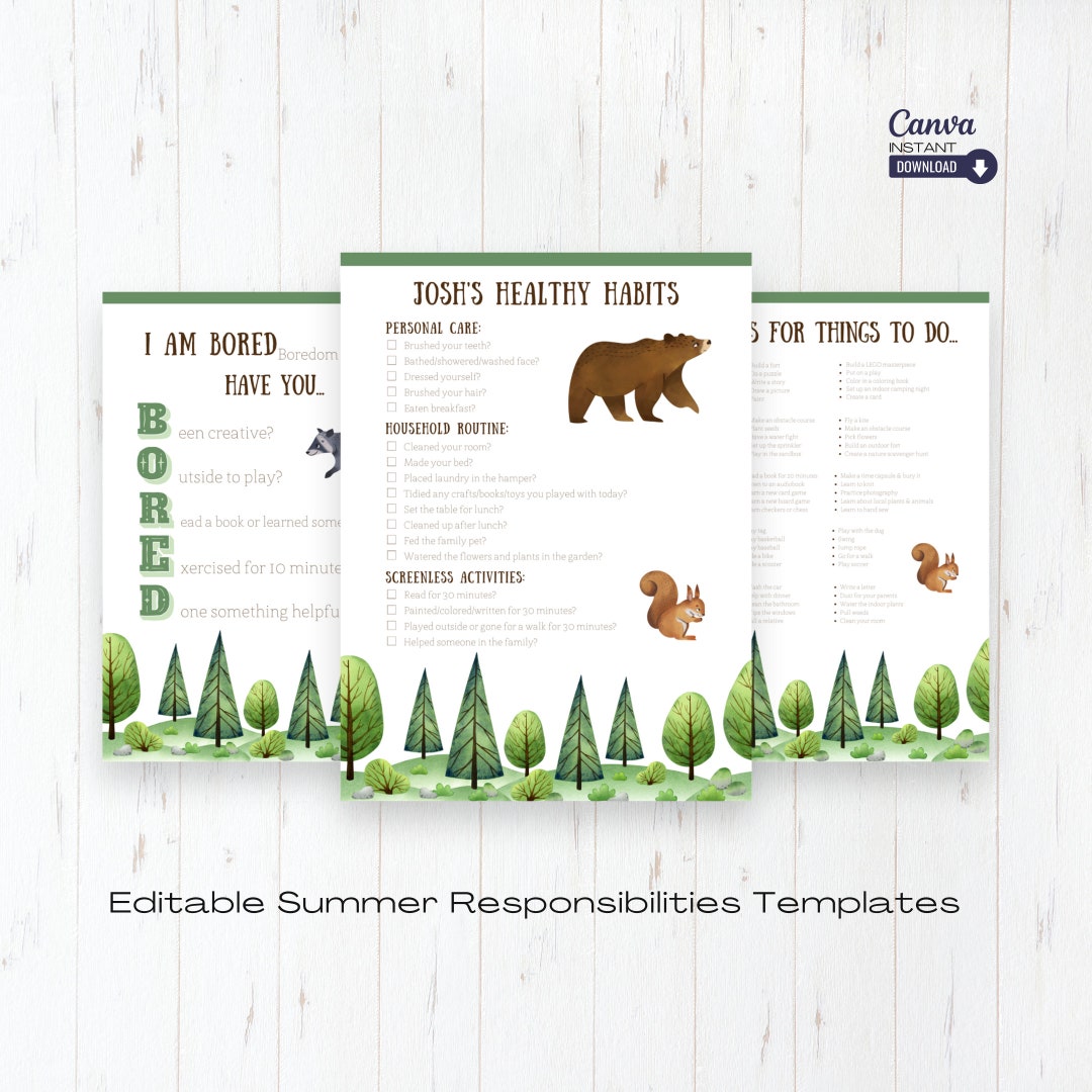 Kids Chore Chart Printable: Editable Woodland Responsibility Checklist ...