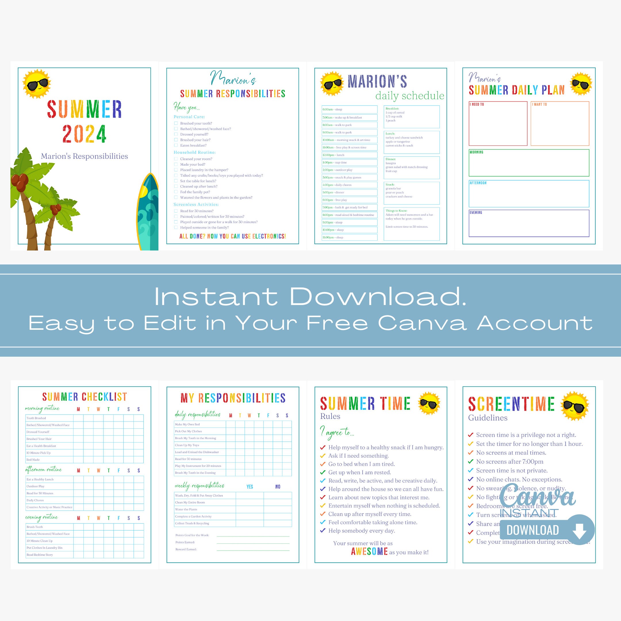 Editable Summer Daily Checklist for Kids, Printable Kids Routine Chart ...
