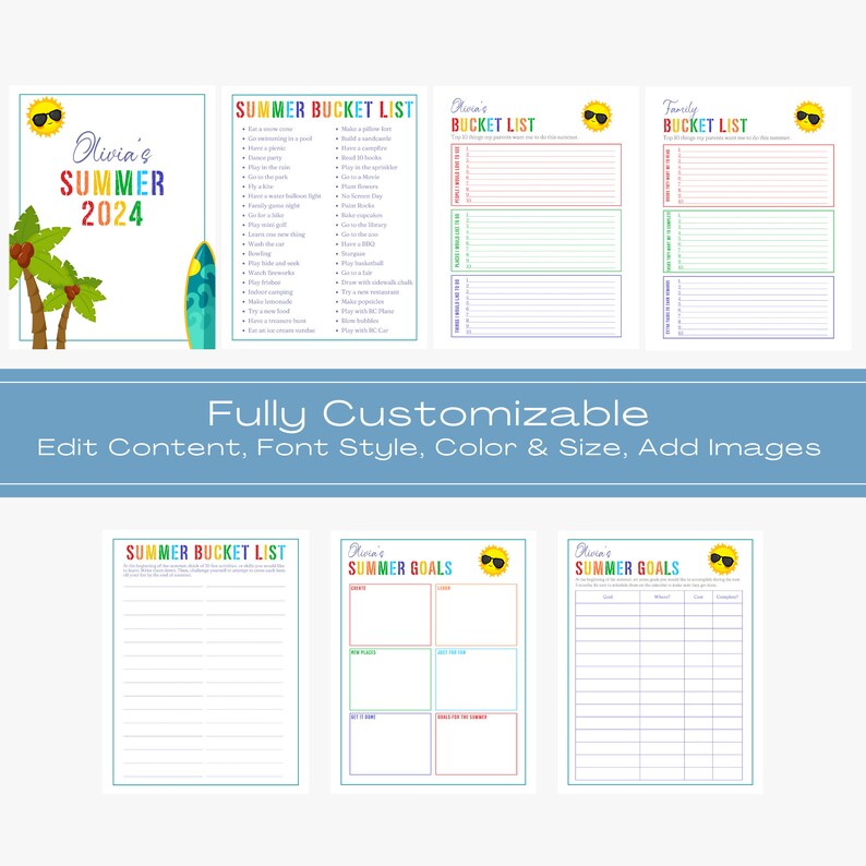 Editable Summer Bucket List Planner Templates, Printable Summer ...