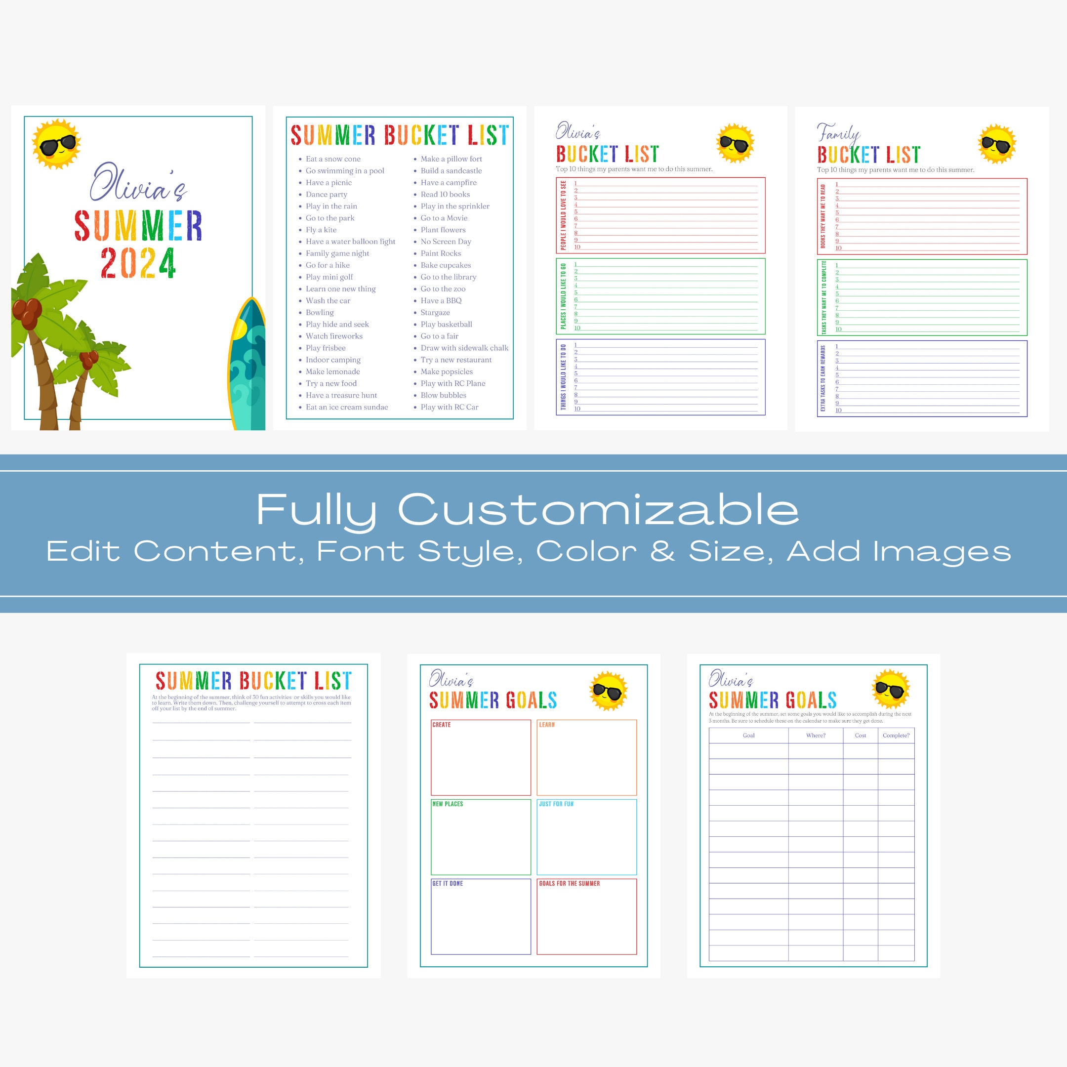 Editable Summer Bucket List Planner Templates, Printable Summer ...