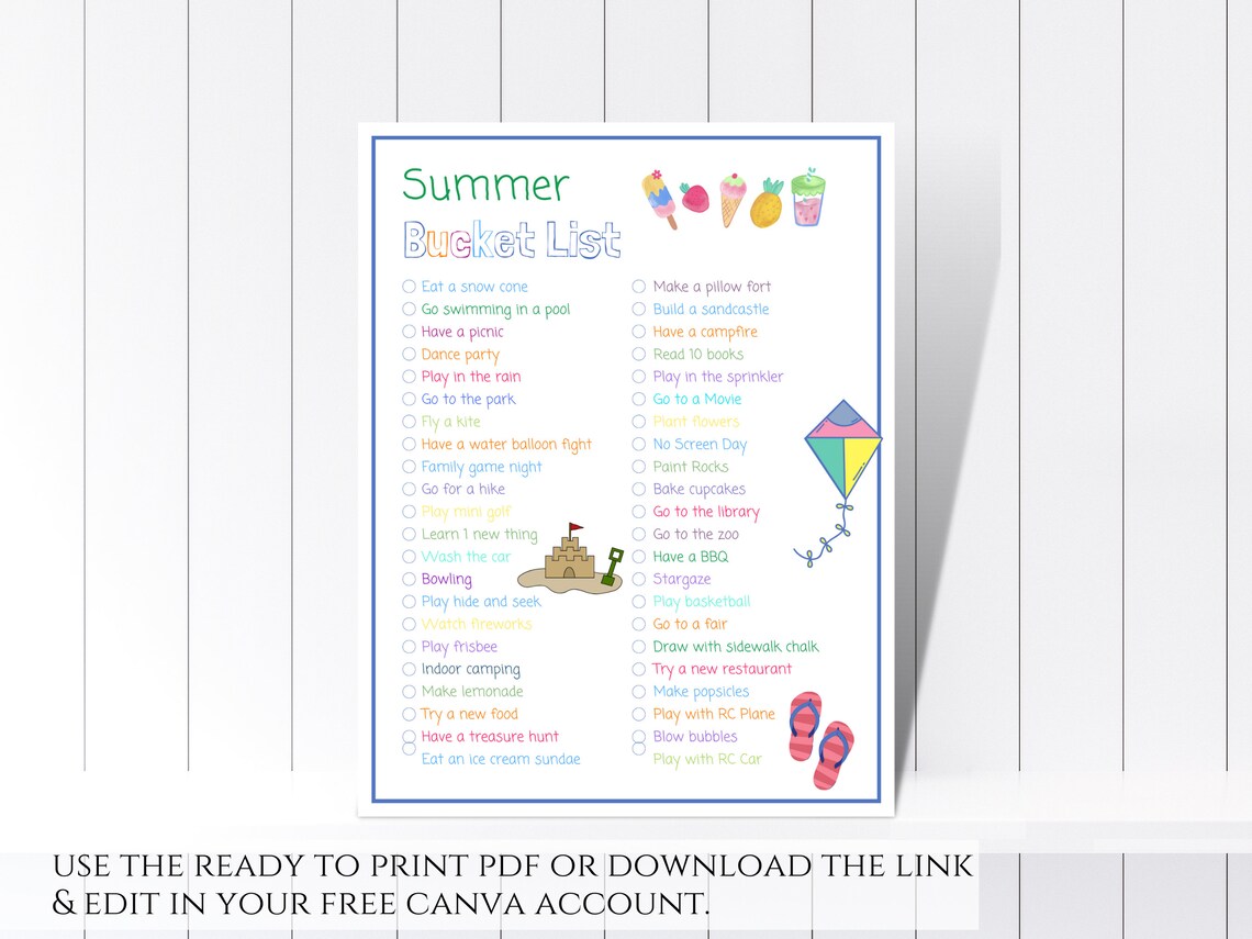 Editable Summer Bucket List Printable Summer to Do List - Etsy