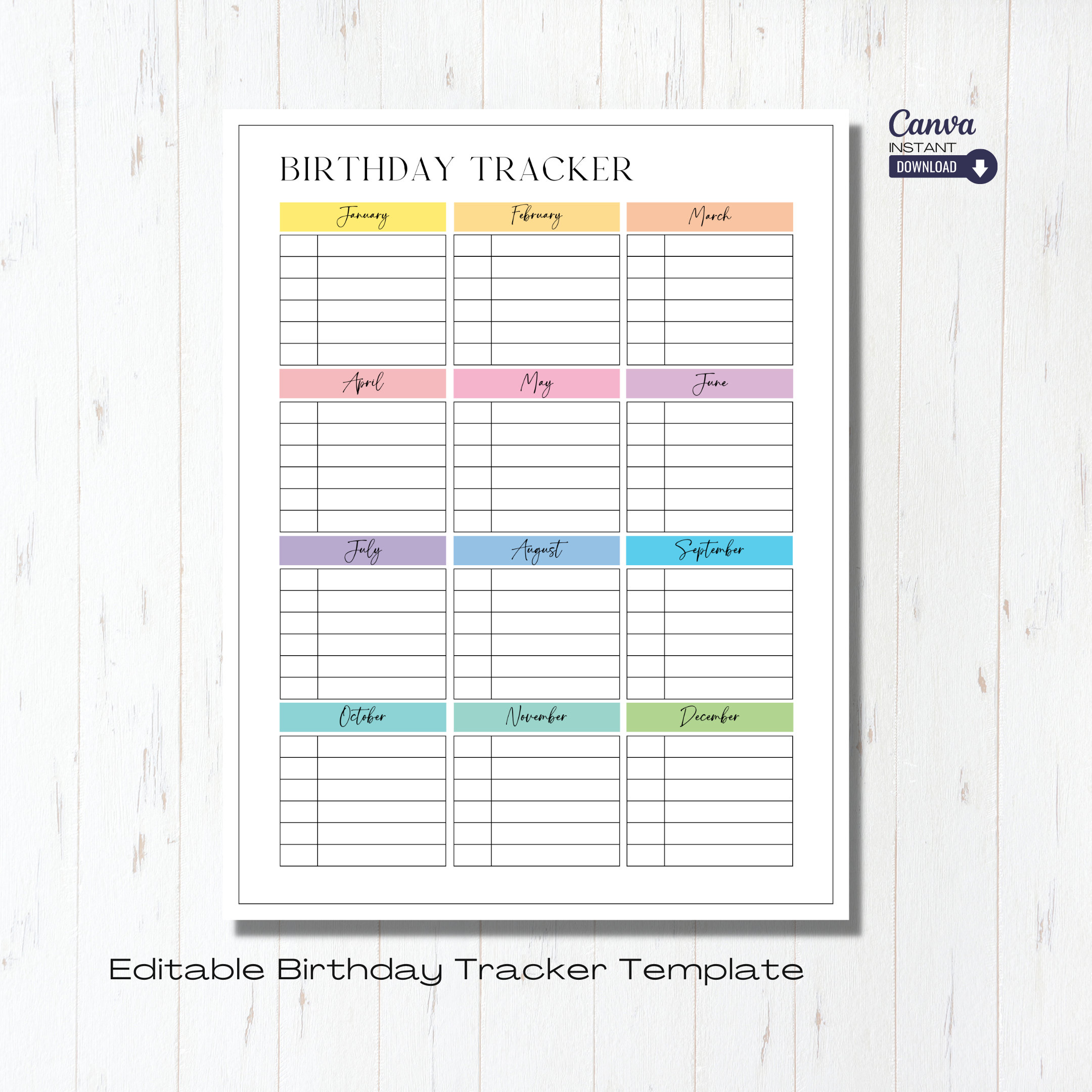 Editable Birthday Tracker Template: Printable Reminder Sheet (digital ...
